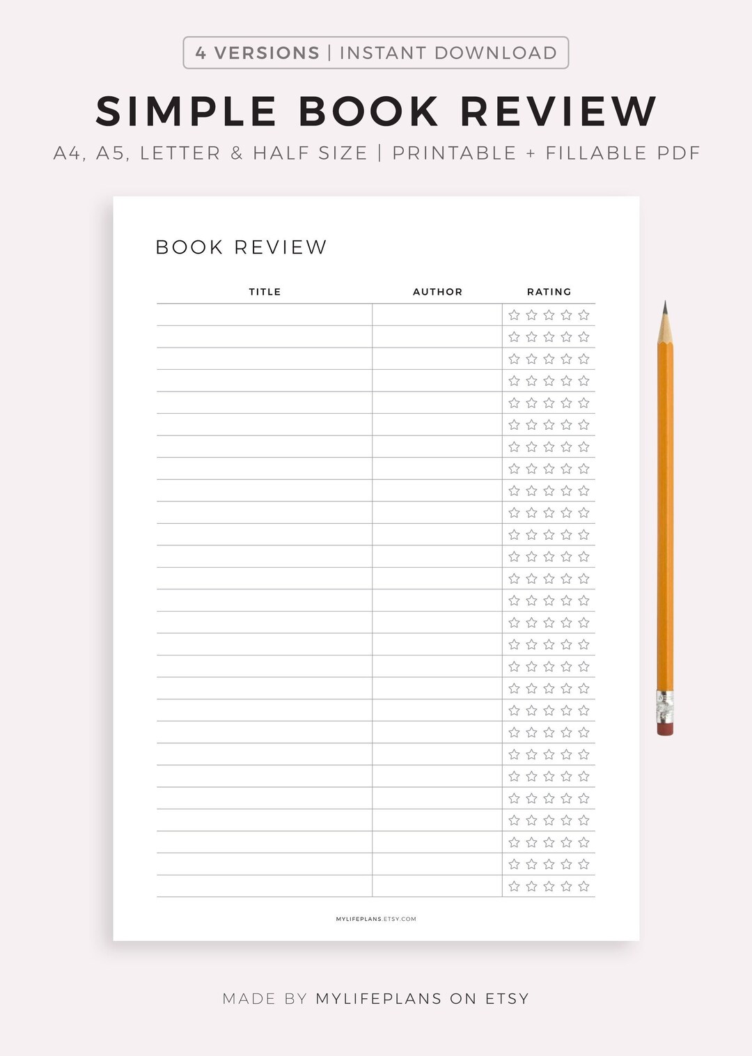Simple Book Review Template Printable, Book Log and Review, Book Rating ...