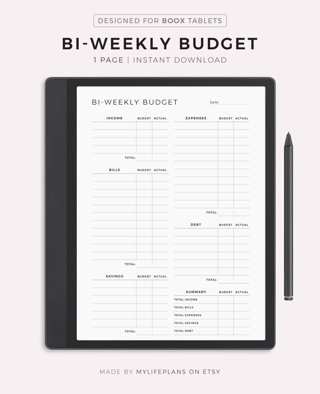 Bi-weekly Budget Planner for Boox Note Series / Tab Series / Go 10.3 ...