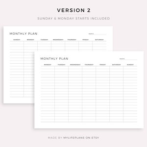 Undated Monthly Planner Printable Landscape, Monday & Sunday Start, Ink ...