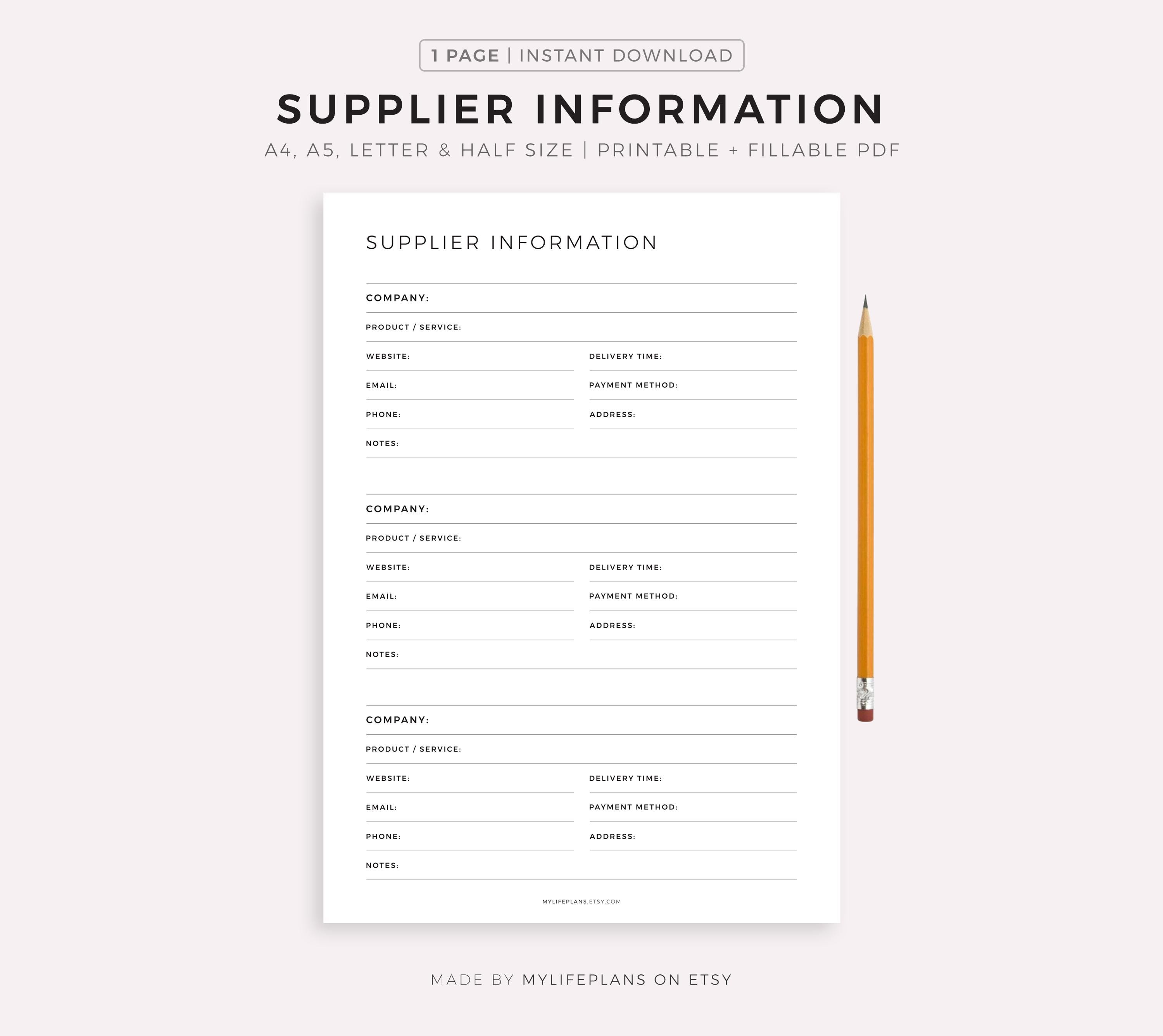 Detailed Supplier Information Printable, Supplier Profile Template ...
