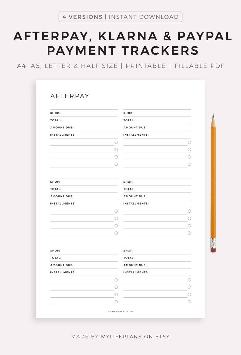Afterpay Klarna & Paypal Tracker Printable and Fillable PDF - Etsy