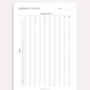 Daily Energy Level Tracker Printable, Track Monthly Energy Levels ...