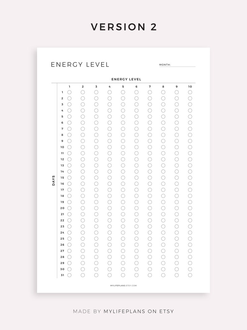 Daily Energy Level Tracker Printable Track Monthly Energy - Etsy