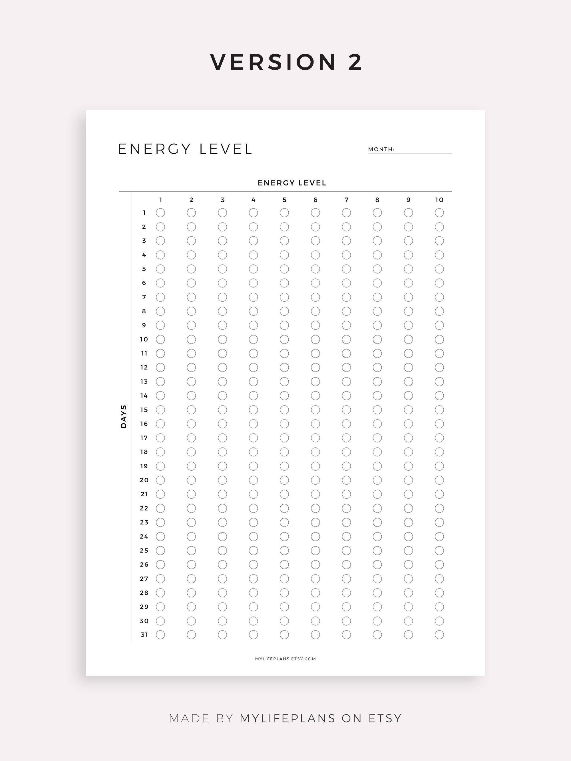 Daily Energy Level Tracker Printable Track Monthly Energy - Etsy