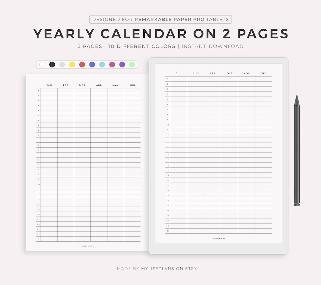 Year Calendar on Two Pages, Undated Calendar, Yearly Overview, Vertical ...