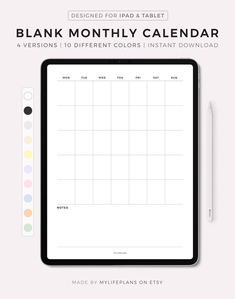 Blank Monthly Calendar for Goodnotes, Notability, Noteshelf, Ipad ...