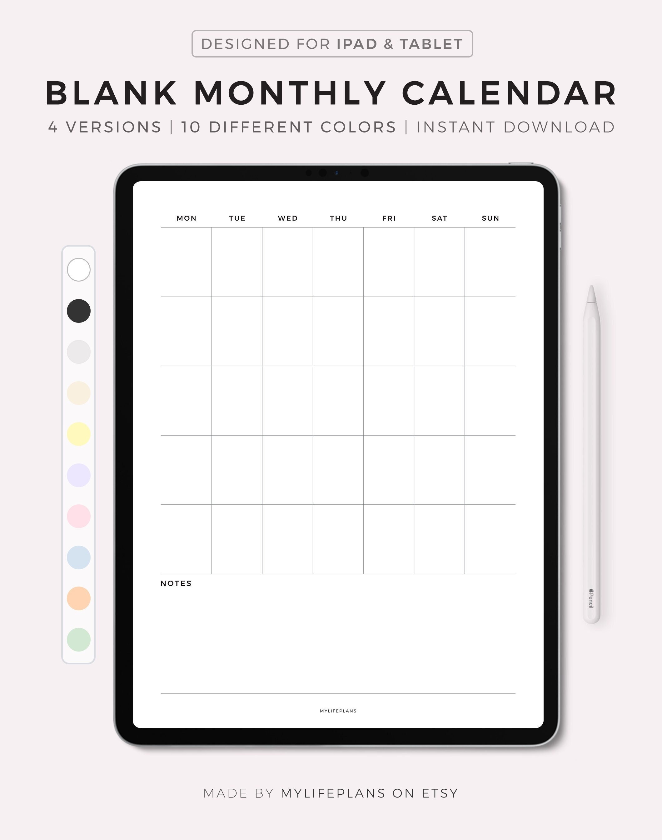 Blank Monthly Calendar for Goodnotes, Notability, Noteshelf, Ipad ...