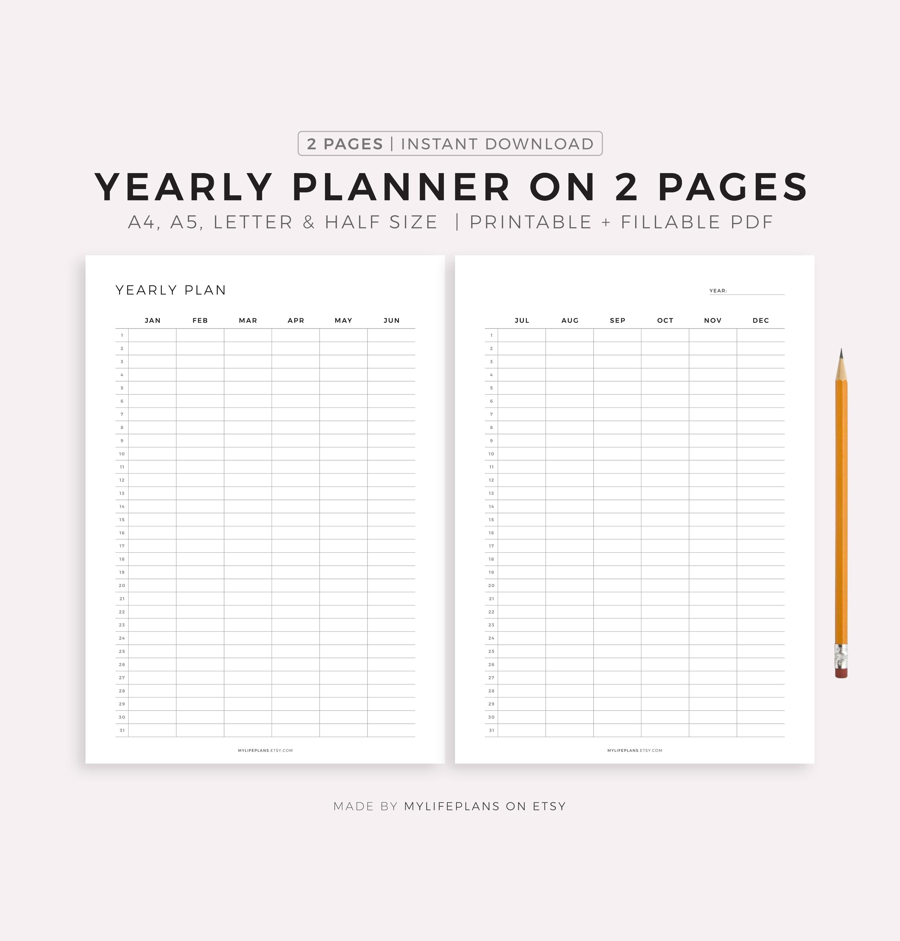 2 Page Yearly Planner Printable, Year at a Glance, Yearly Agenda, 12 ...