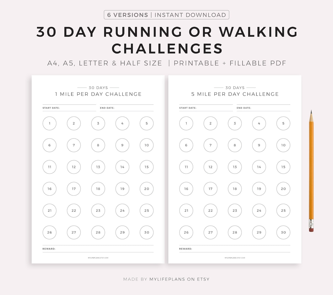 30 Day Running or Walking Challenge Printable, Daily Workout Challenge ...