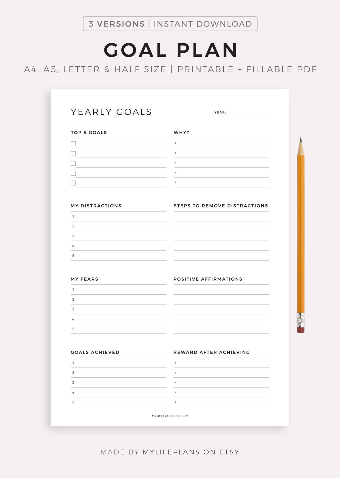 Goal Planner Printable & Fillable PDF Yearly Goals - Etsy