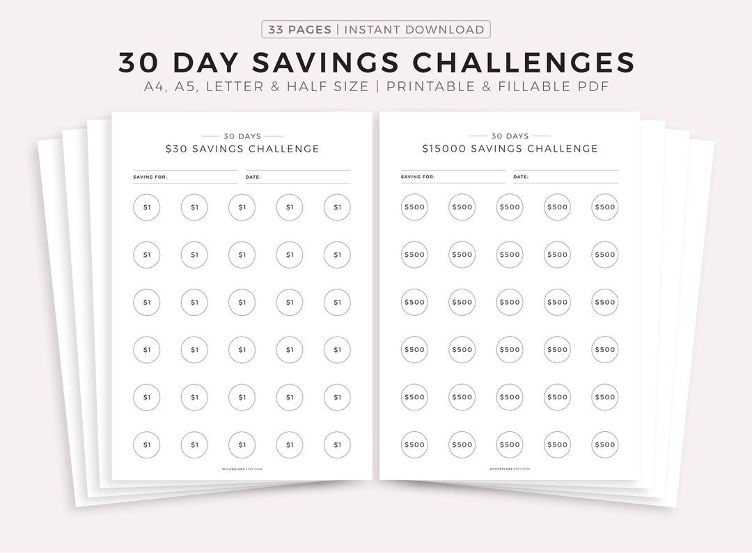 30 Day Money Saving Challenges Printable & Fillable PDF, Savings ...
