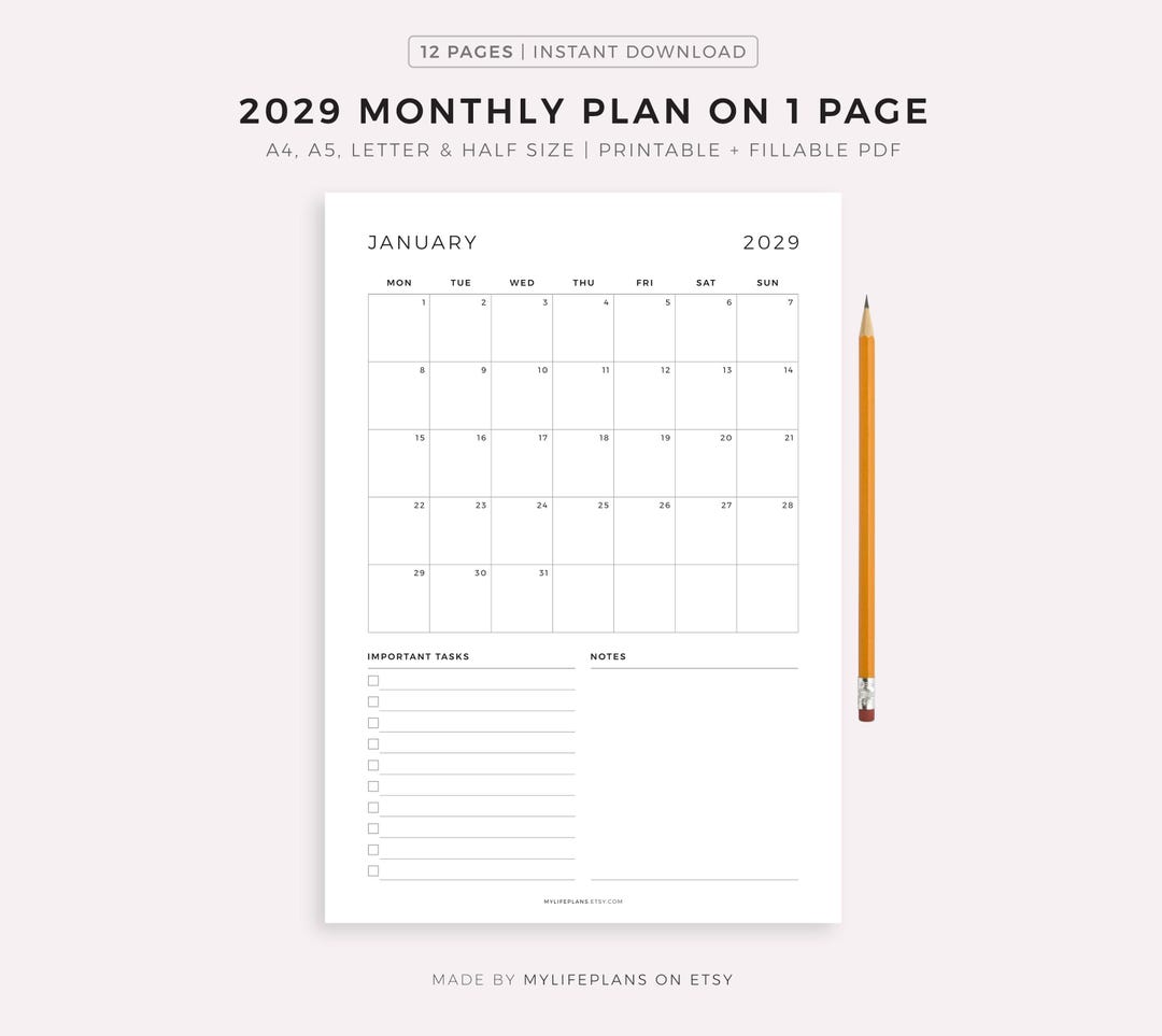2029 Monthly Planner on One Page, Monthly Organizer, Monthly Agenda ...