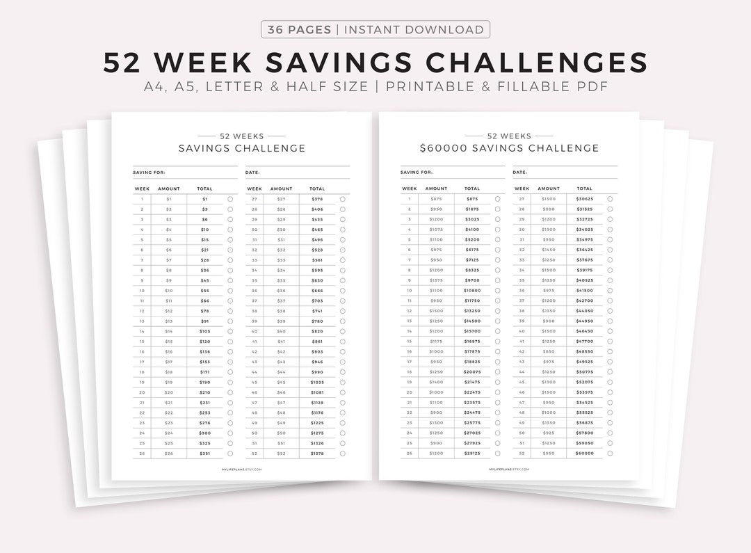 52 Week Saving Challenges Printable & Fillable PDF, Savings Trackers ...