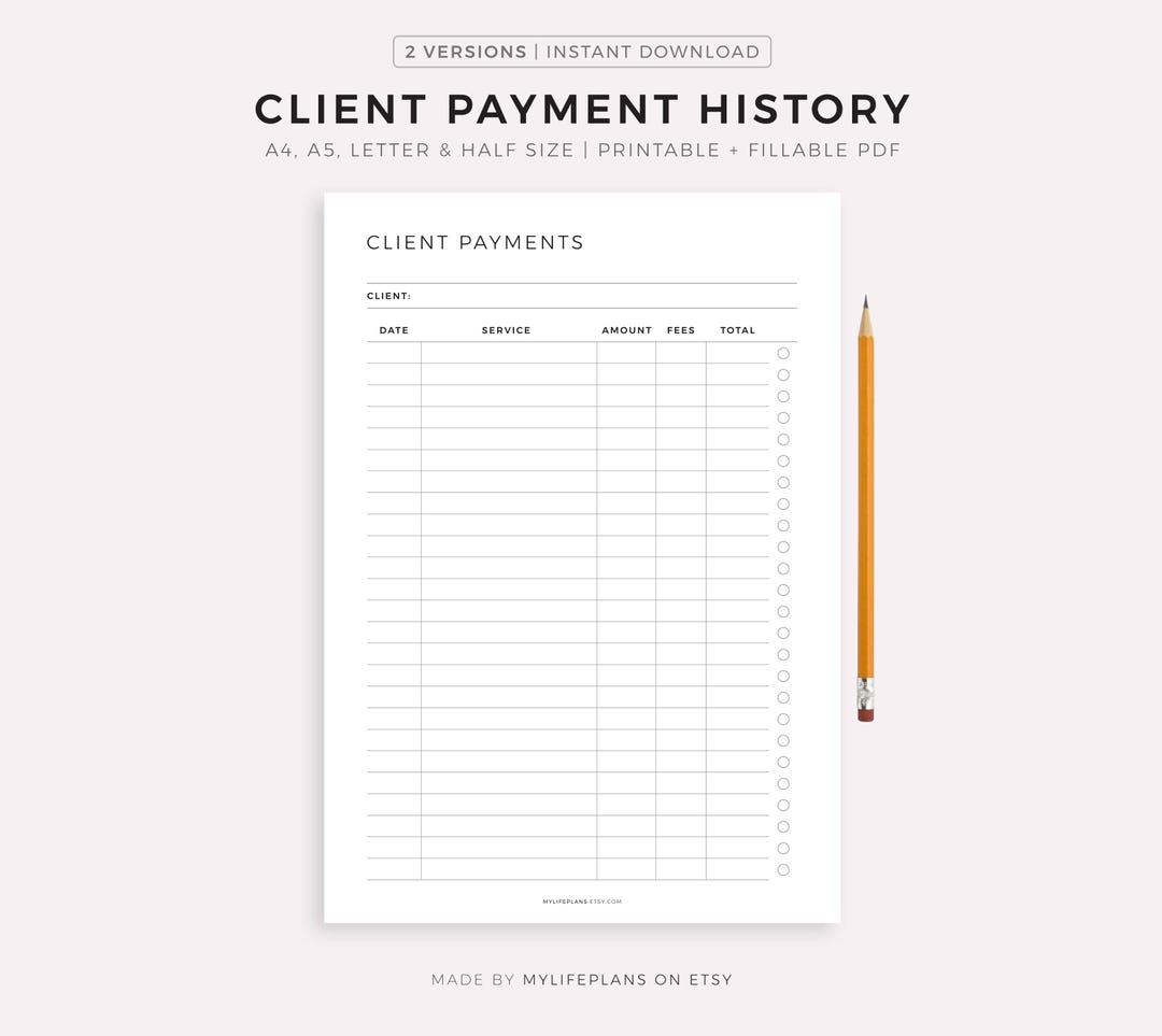 Client Payment History Tracker Printable, Client Payment Log, Client ...