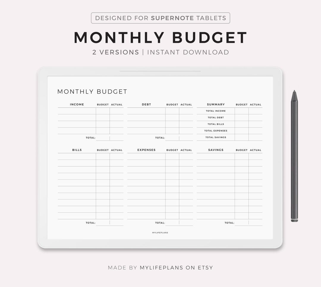 Monthly Budget Planner for Supernote A5X2/A5X/A5/A6X2/A6X/A6, Landscape ...