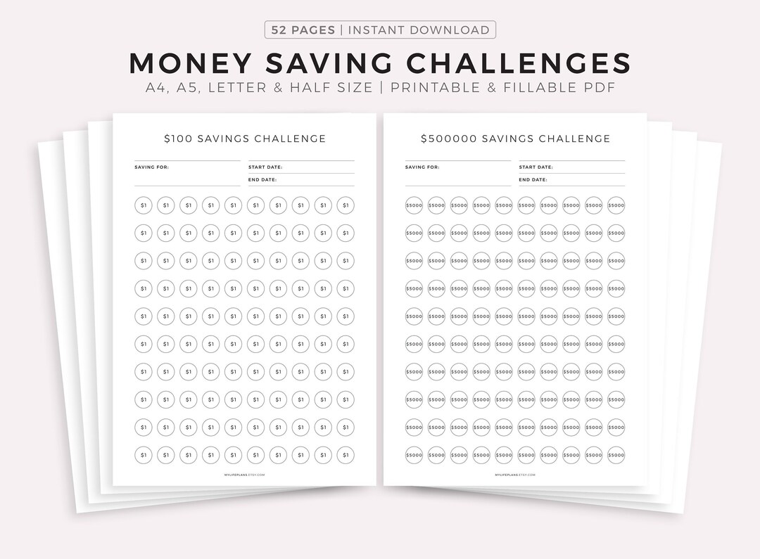 Money Saving Challenges Printable & Fillable PDF, Savings Trackers ...
