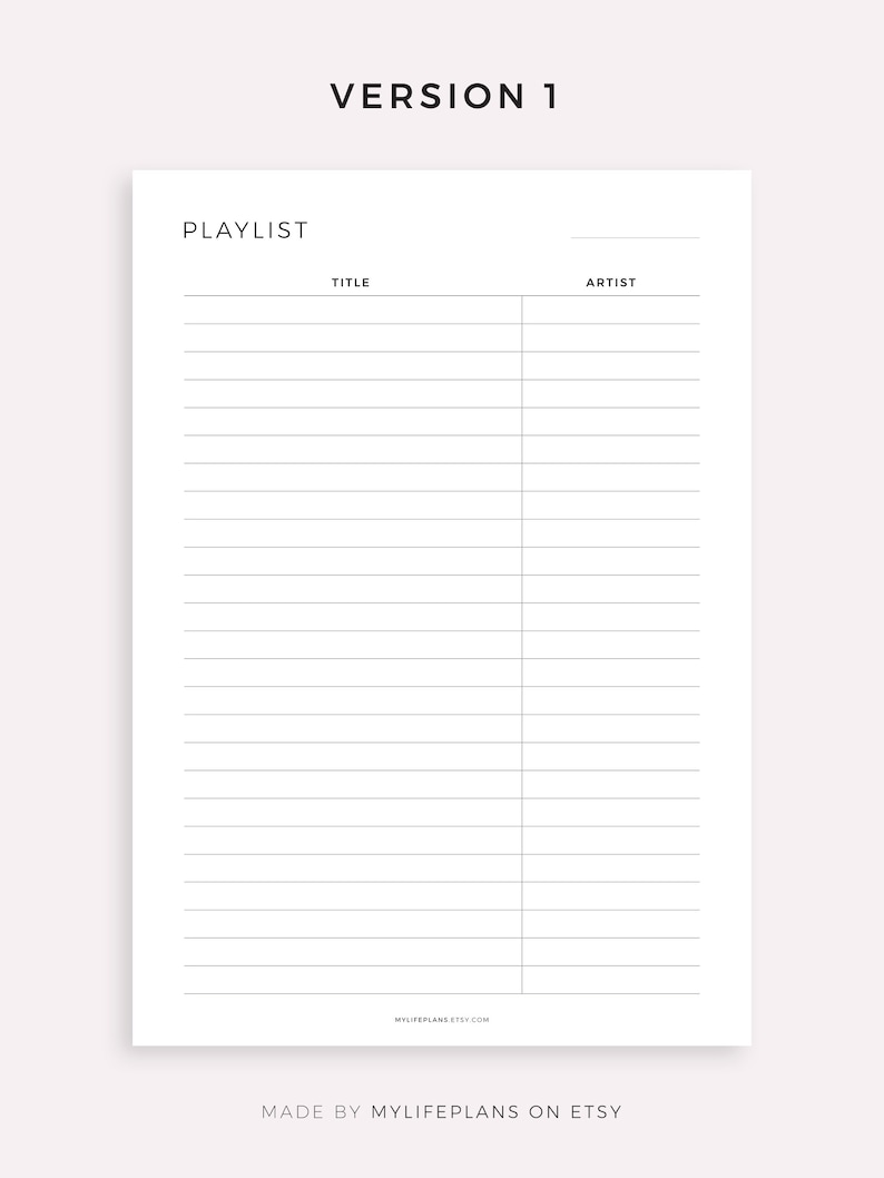 Simple Music Playlist Printable - Favorite Songs, Fitness Songs, Happy ...