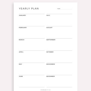Minimalist Yearly Planner on One Page, Year at a Glance, Annual ...