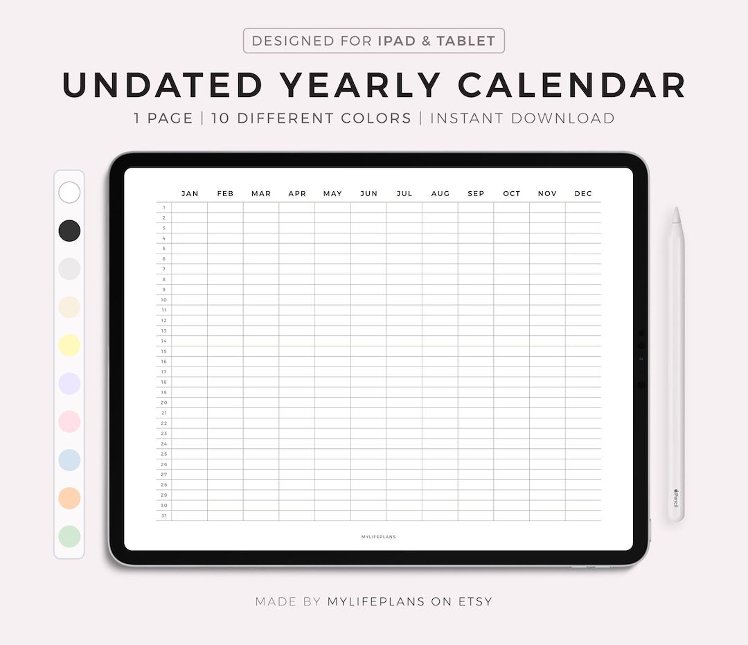 Undated Year Calendar Landscape, Year at a Glance, Digital Template for ...