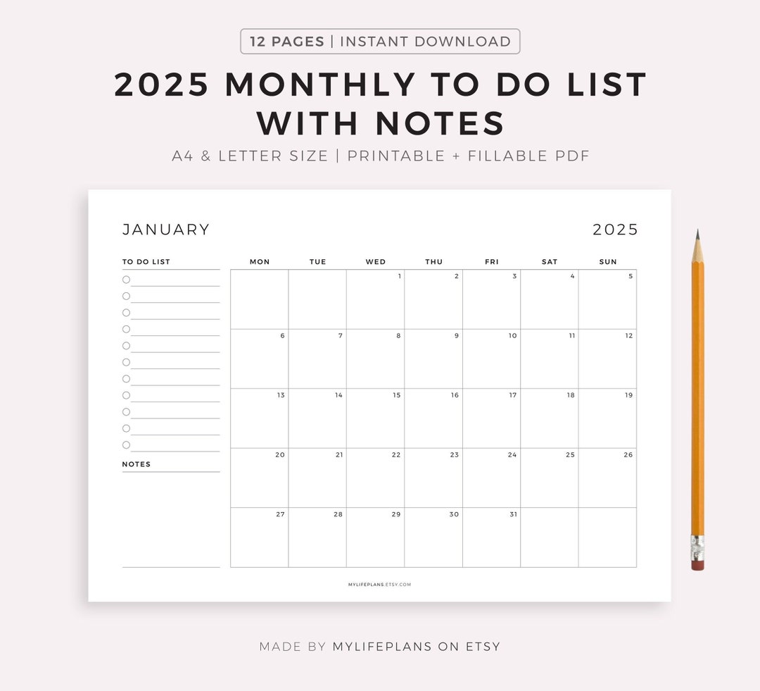 2025 Dated Monthly to Do List Planner Printable & Fillable, Landscape ...