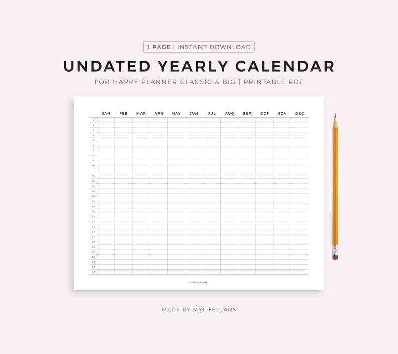 Undated Year Calendar for Happy Planner Classic & Big, Printable PDF ...