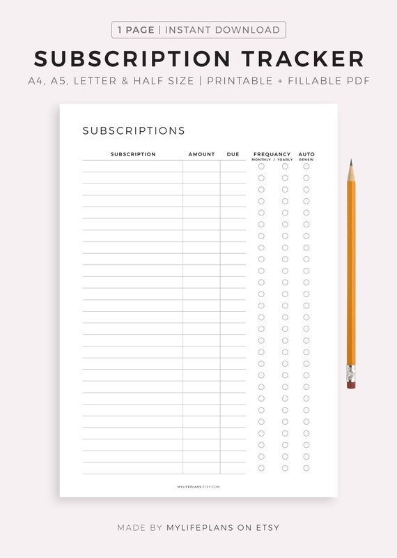 Subscription Tracker Printable Membership Checklist Expense - Etsy ...