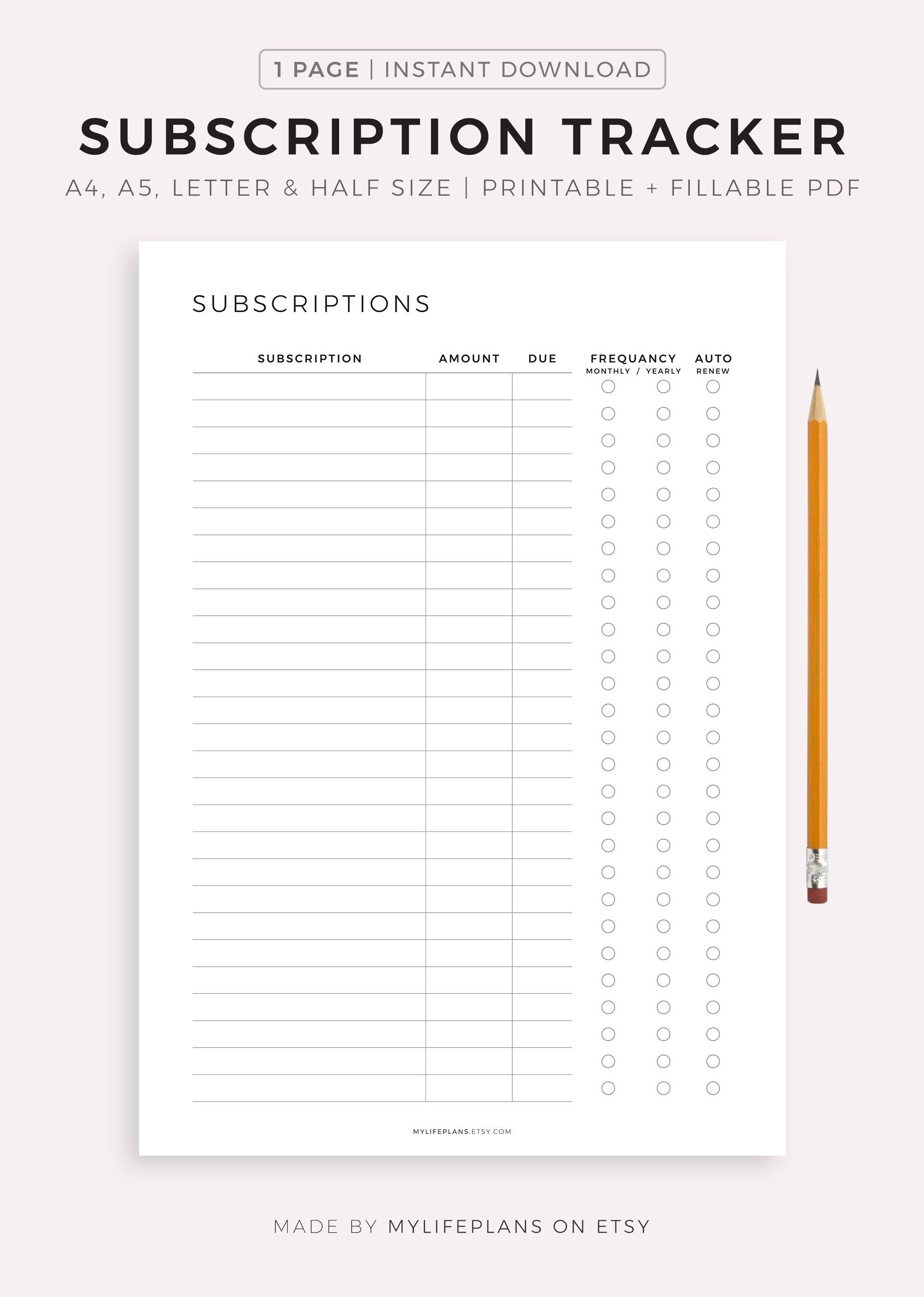 Subscription Tracker Printable Membership Checklist Expense - Etsy