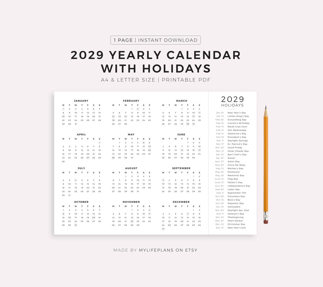 2029 Year Calendar With Holidays on One Page, Printable, Landscape ...