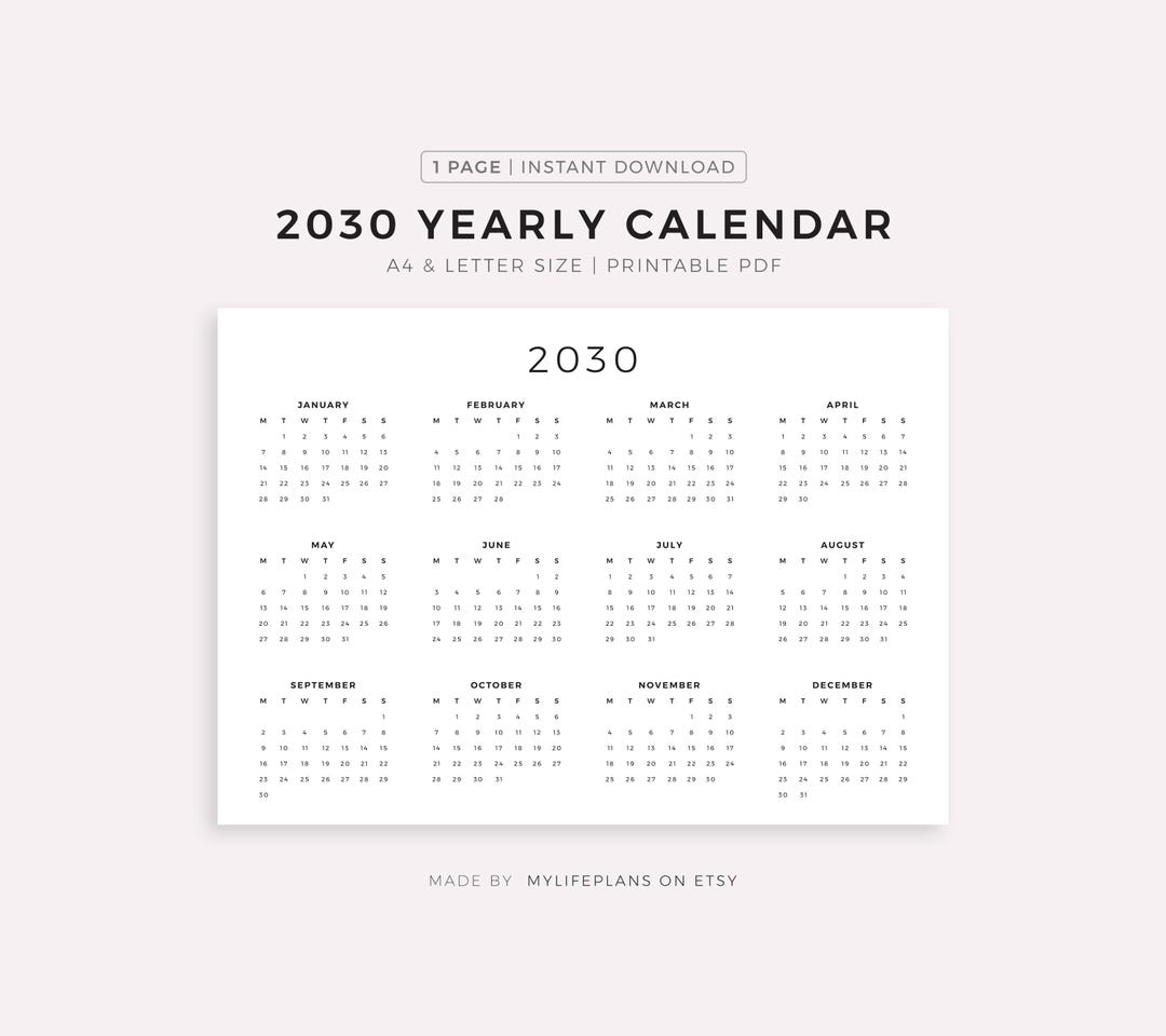 2030 Year Calendar Printable Landscape, Minimalist Calendar, Yearly ...