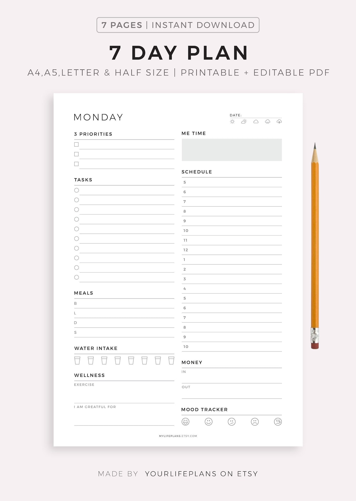 7 Day Planner Printable Weekly Planner Daily To Do List for | Etsy
