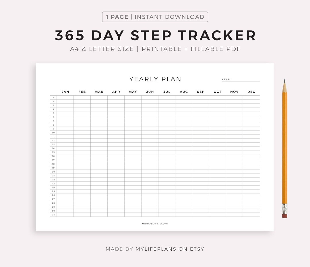365 Day Step Tracker Printable Landscape, Daily Step Record, Exercise ...