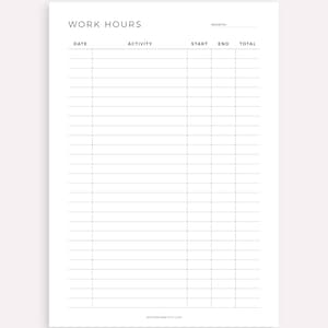 Working Hours Log Printable, Work Time Tracker, Activity Tracker, Time ...