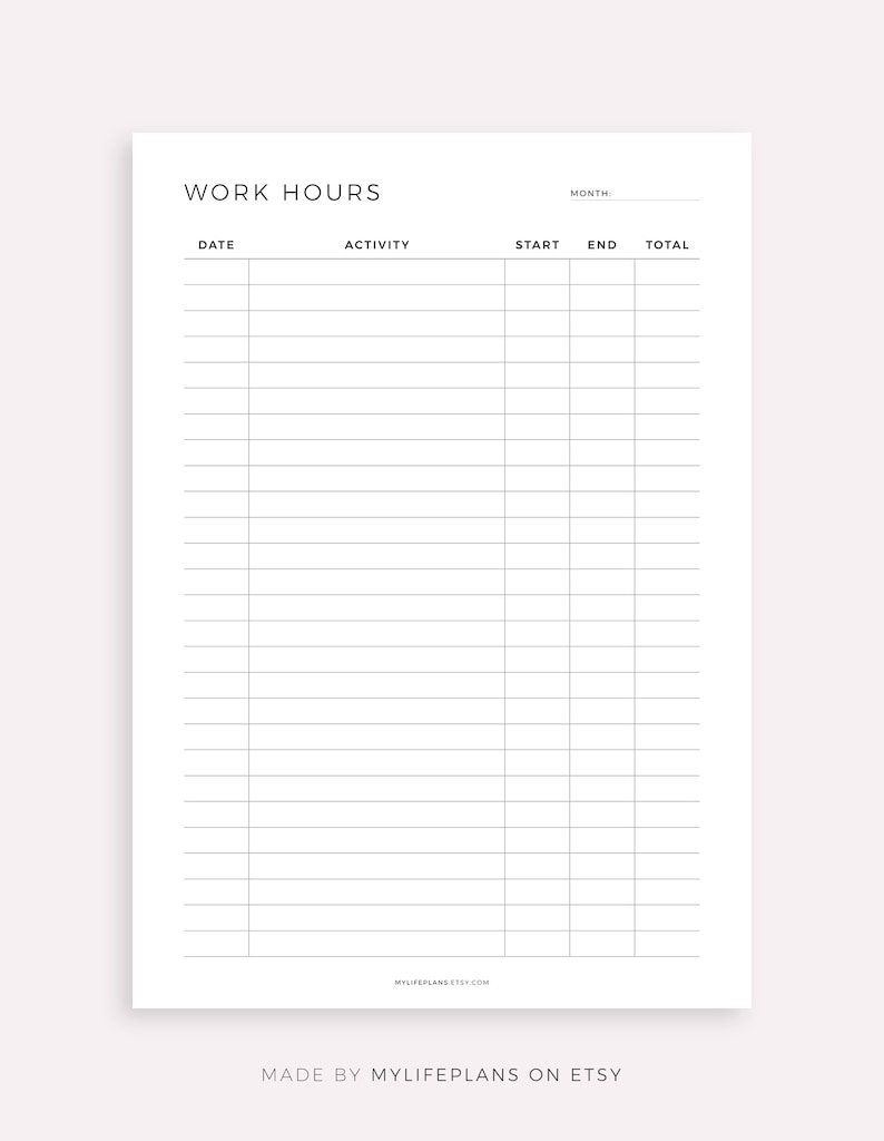 Working Hours Log Printable, Work Time Tracker, Activity Tracker, Time ...