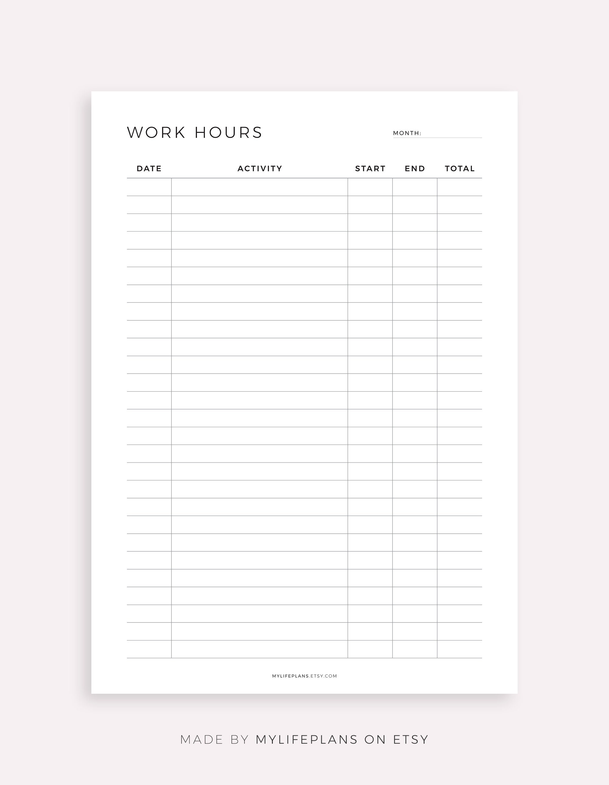 Working Hours Log Printable Work Time Tracker Activity - Etsy Canada