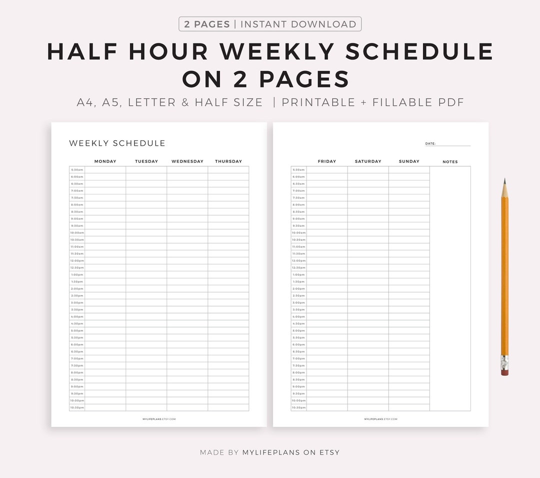 Half Hour Weekly Schedule on 2 Pages, Weekly Planner Printable, Week at ...