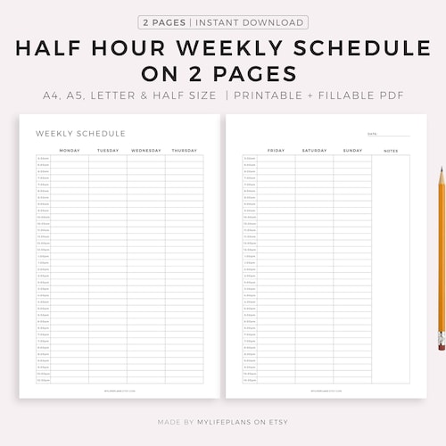 Half Hour Weekly Schedule on 2 Pages Minimalist Hourly Weekly - Etsy