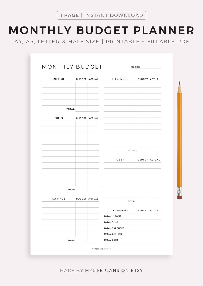 Monthly Budget Planner Printable & Fillable PDF Budget - Etsy