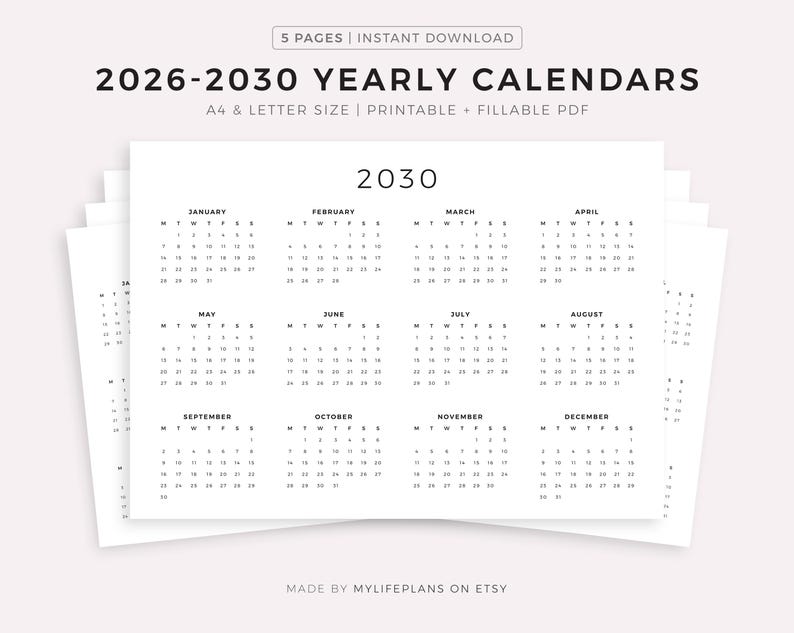 2026-2030 Year Calendars Printable Landscape, Minimalist Calendar ...