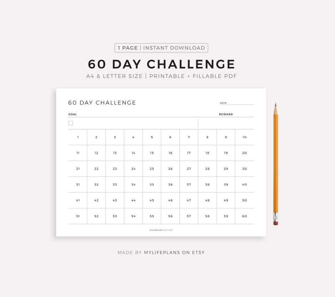 60 Day Challenge Printable Landscape, Goal Setting, Progress Tracker ...