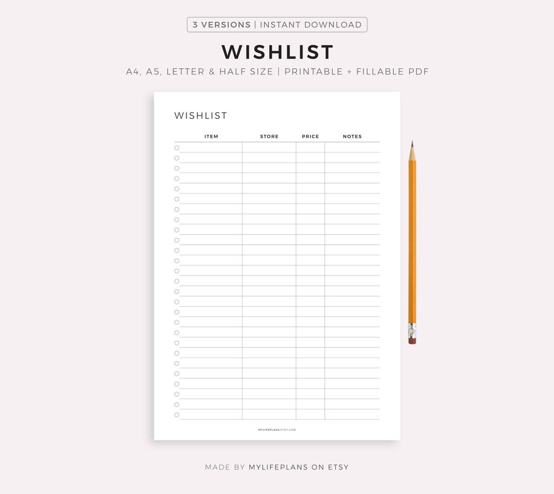 Simple Wishlist Page Printable & Fillable, Holiday Wishlist Template ...
