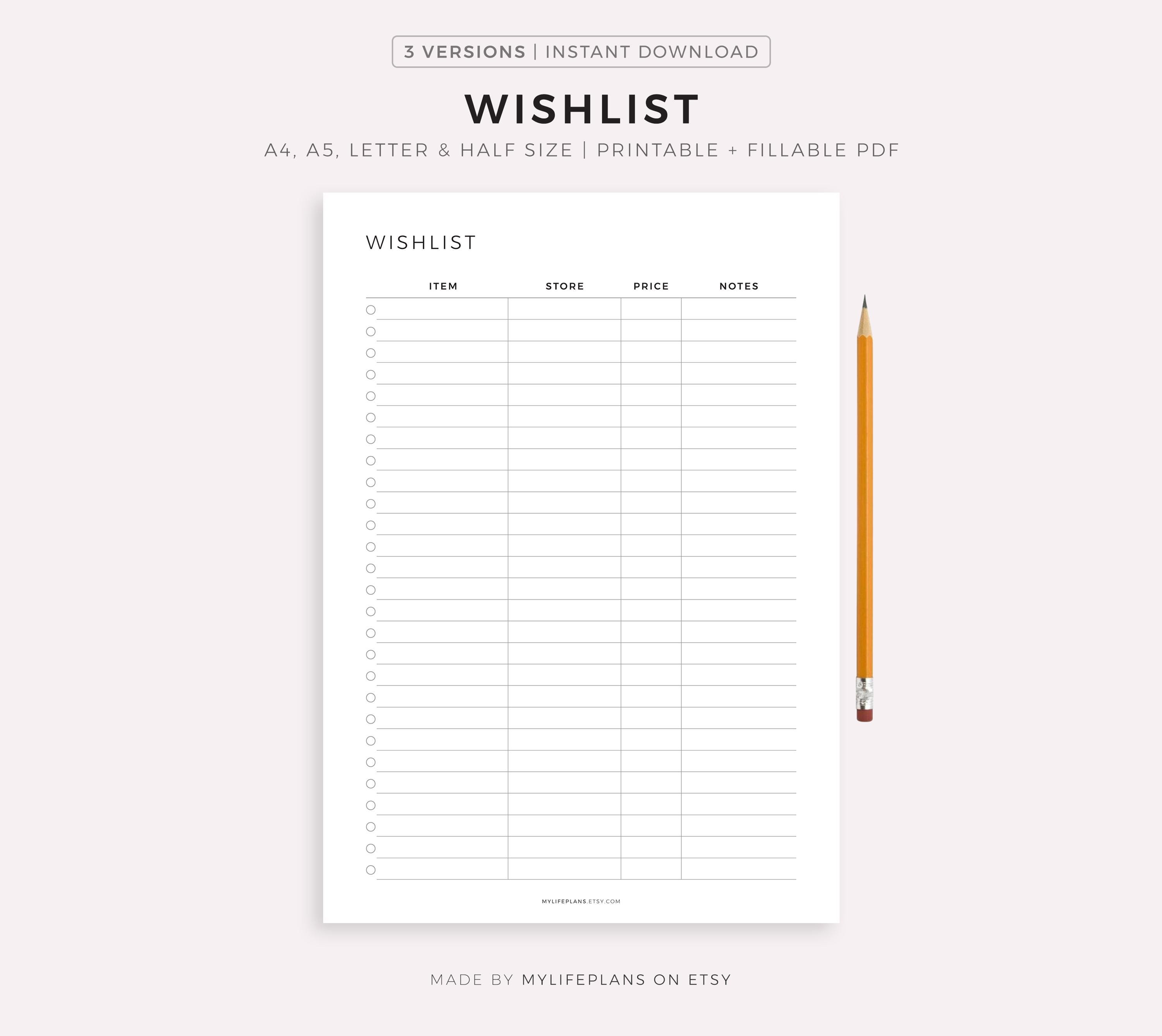 Simple Wishlist Page Printable & Fillable, Holiday Wishlist Template ...