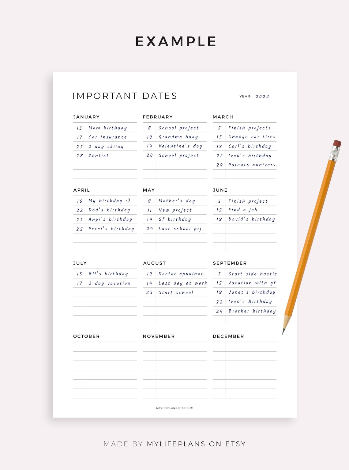Yearly Important Dates Printable - Birthdays, Anniversaries, Travels ...