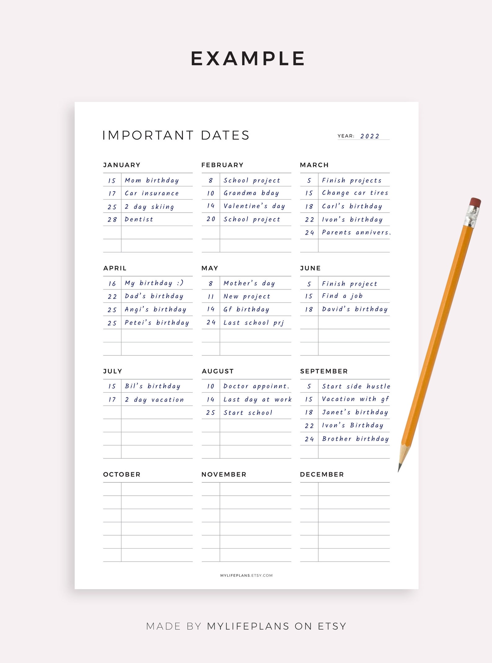 Yearly Important Dates Printable Birthdays Anniversaries - Etsy