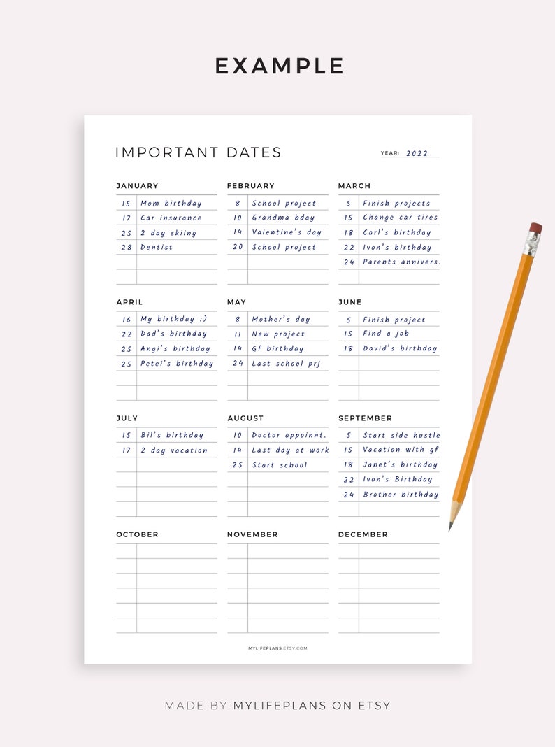 Yearly Important Dates Printable Birthdays Anniversaries - Etsy