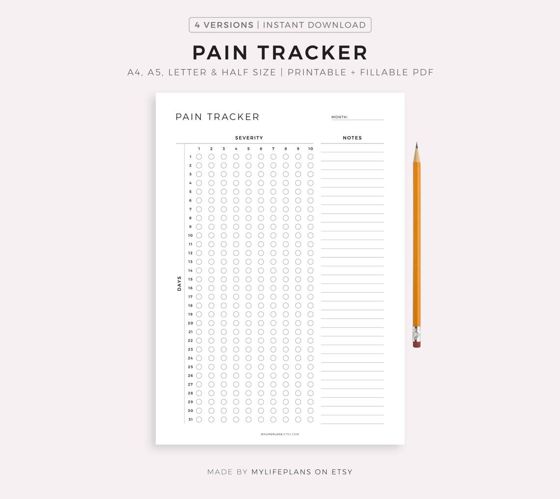 Monthly Pain Tracker Printable Template, Track Daily Pain Severity ...