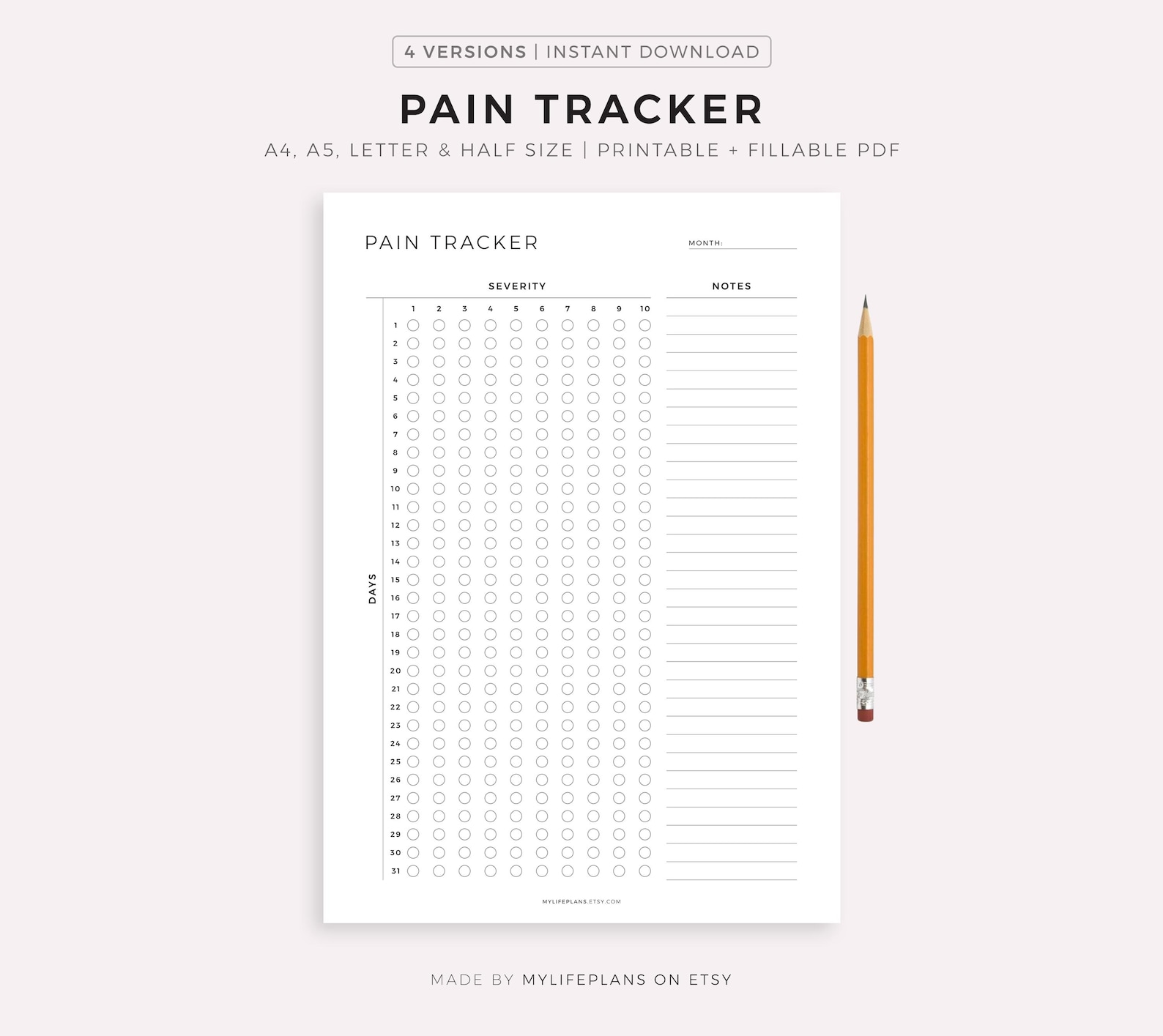 Monthly Pain Tracker Printable Template, Track Daily Pain Severity ...