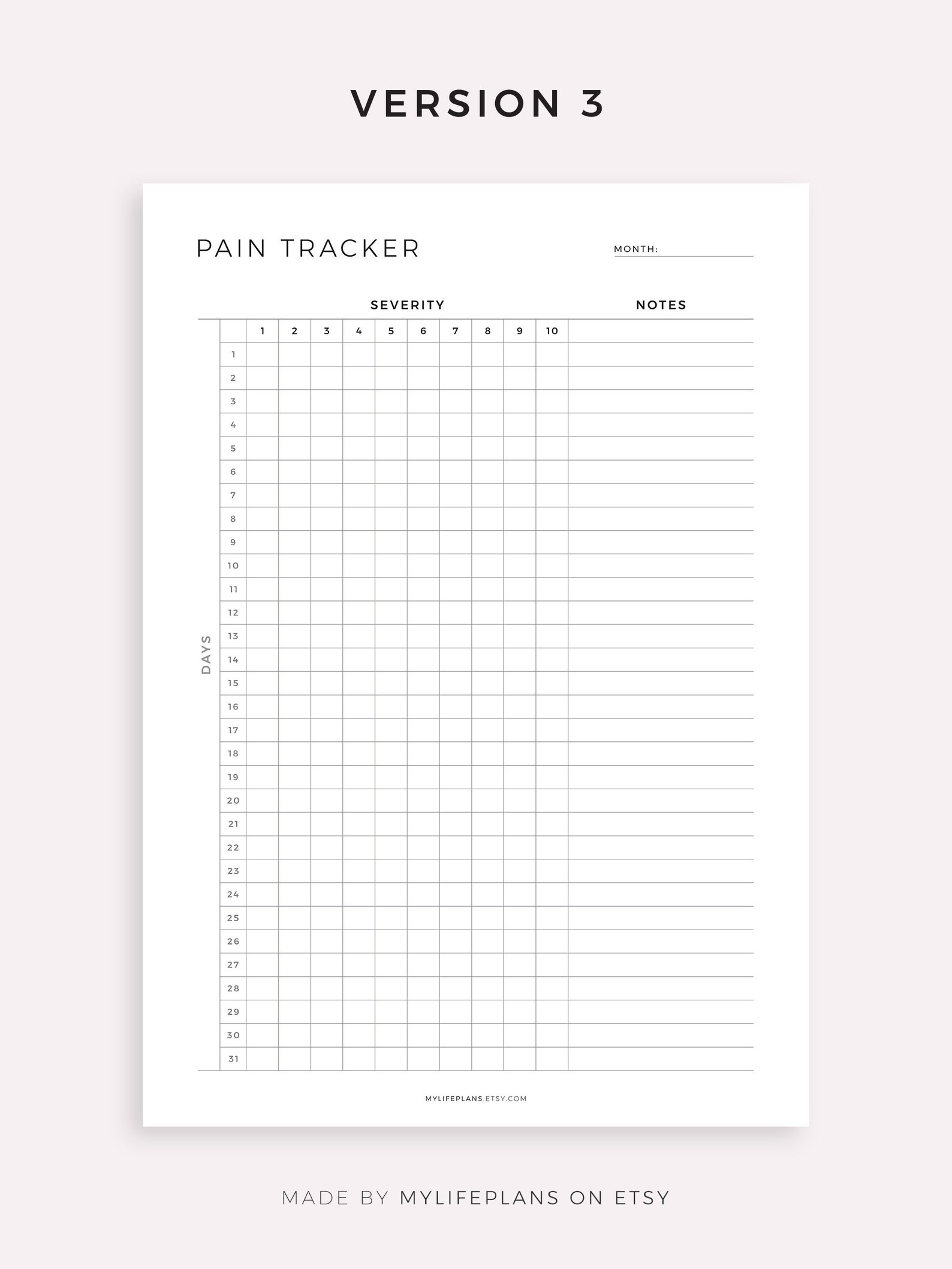 Monthly Pain Tracker Printable Template, Track Daily Pain Severity ...