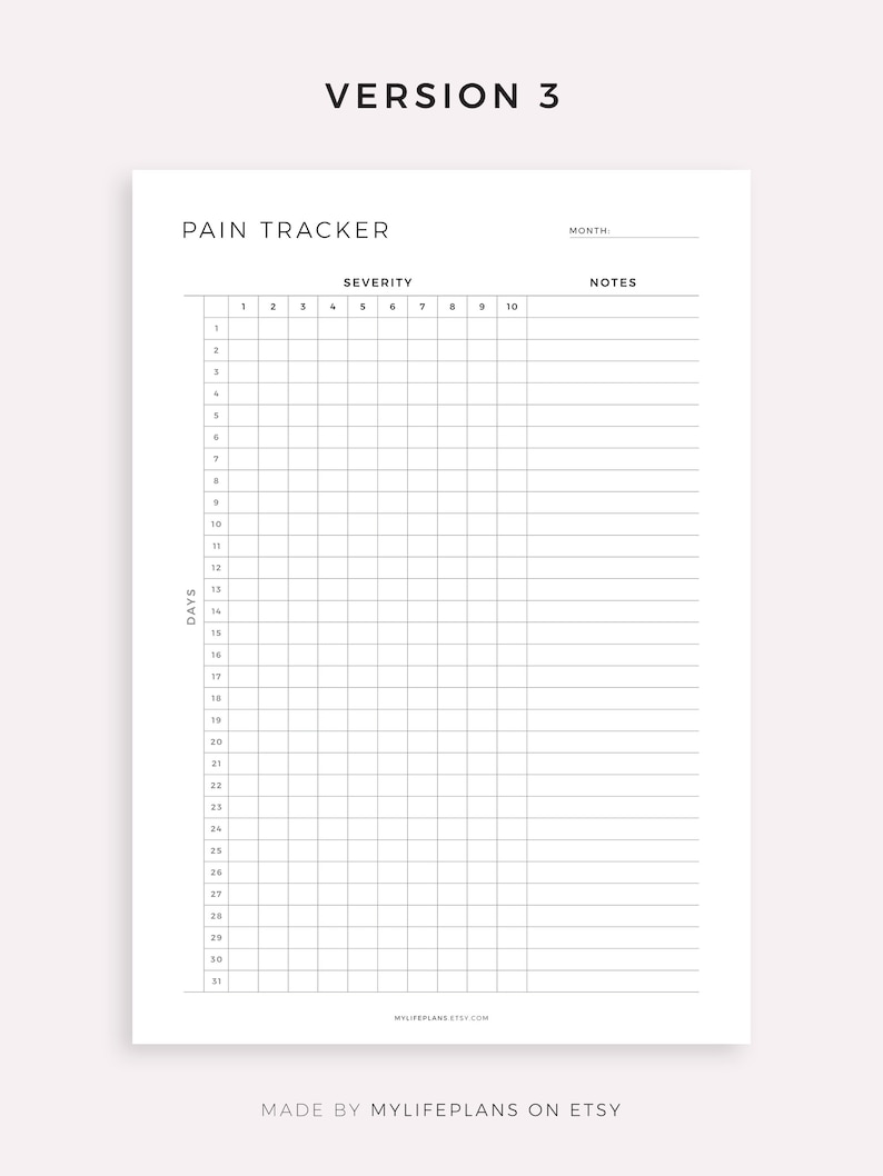 Monthly Pain Tracker Printable Template, Track Daily Pain Severity ...