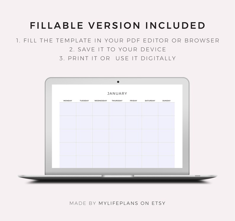 Undated Monthly Calendar Printable Landscape Minimalist | Etsy