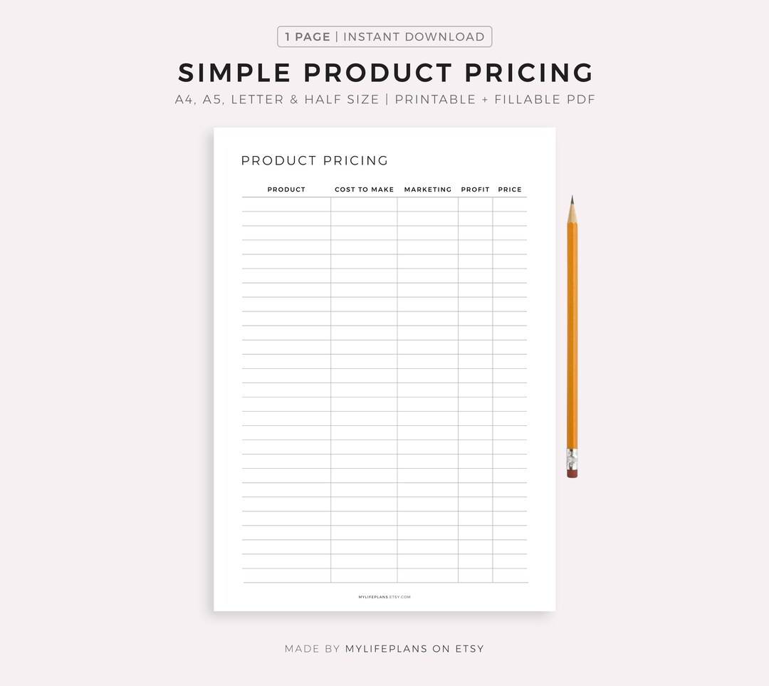 Simple Product Pricing Printable, Product Pricing Calculator, Item ...